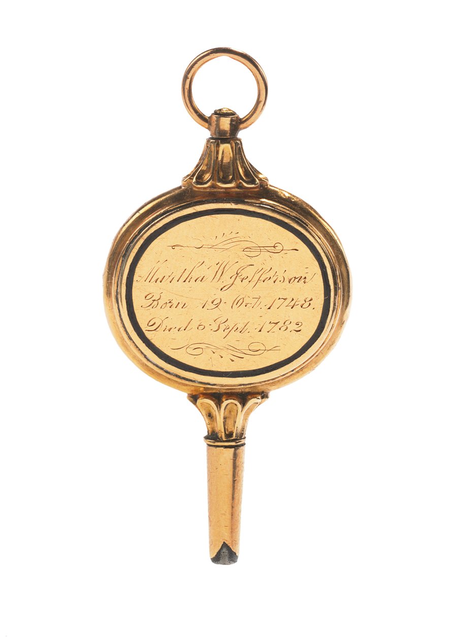 Memento Mori gravierter Uhrenschlüssel, mit Haarlocke von Martha Wayles ...