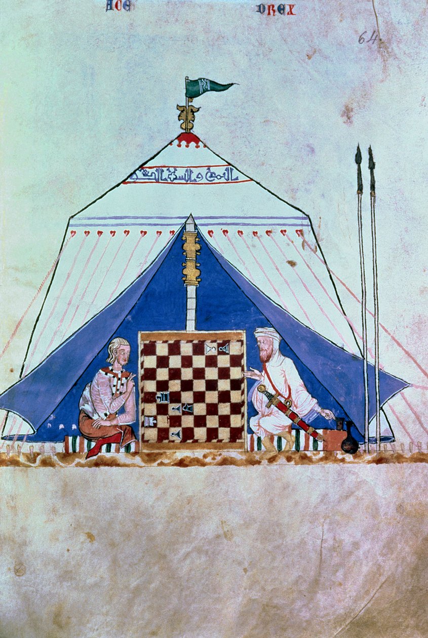Ein Maure und ein Christ spielen Schach in einem Zelt, aus dem 'Buch ...