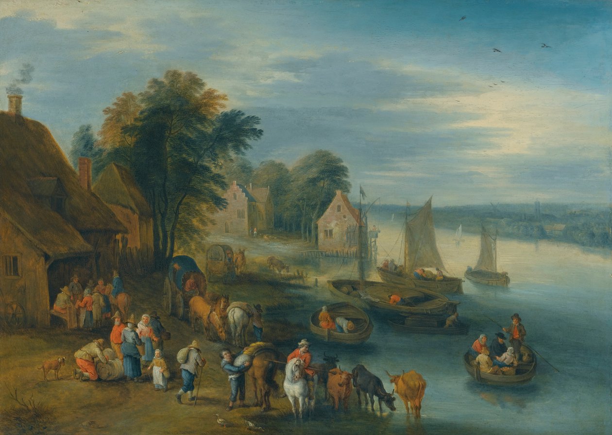 Eine Flusslandschaft mit Dorfbewohnern, die ihre Boote entladen