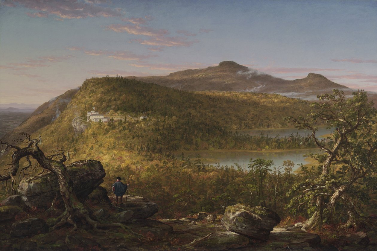 Ein Blick auf die zwei Seen und Berghaus, Catskill Mountains, Morgen (1844)