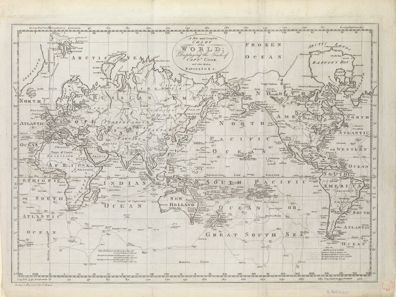 Weltkarte mit den Routen von Captain Cook von Thomas Bowen