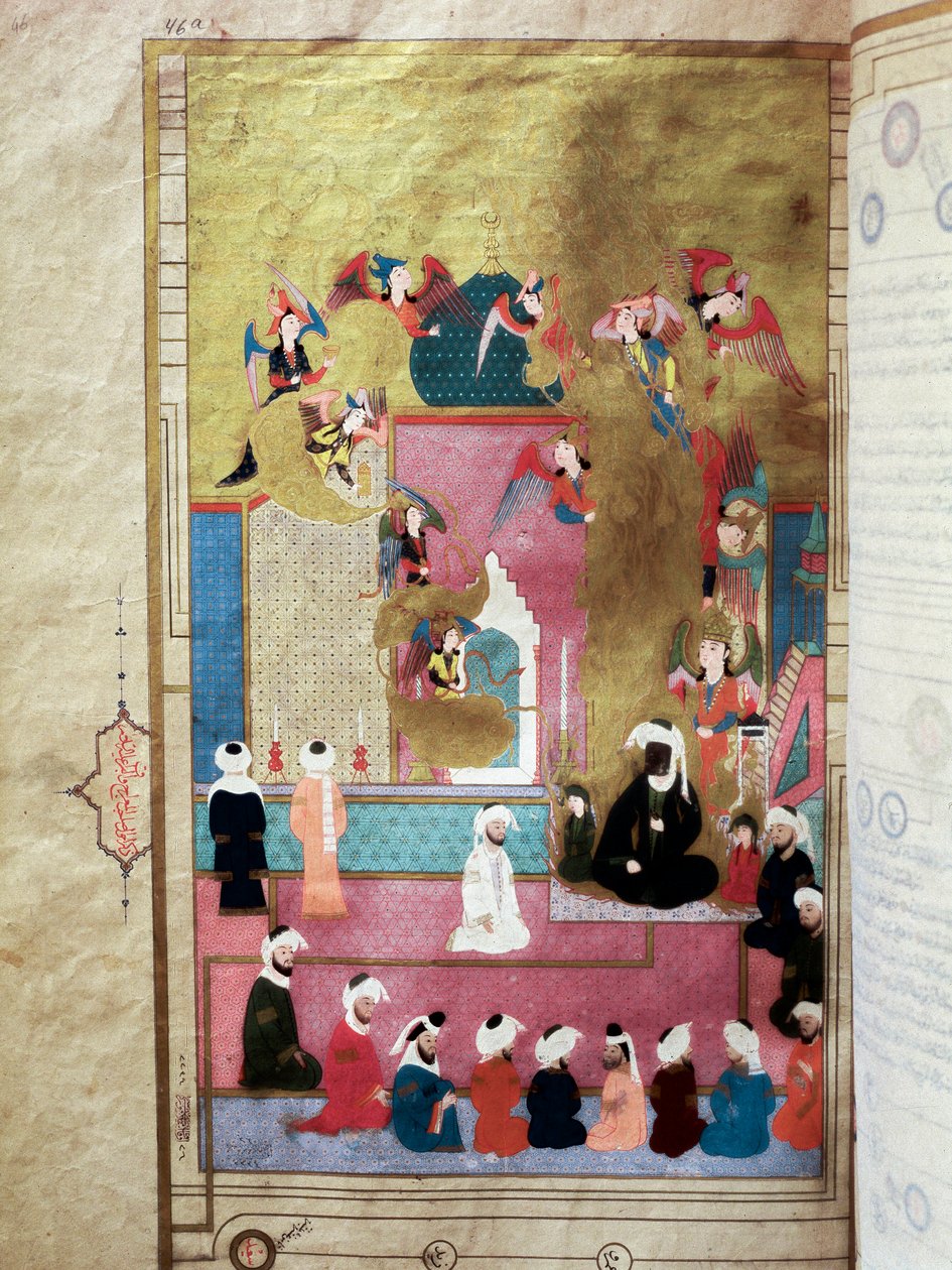 Der Prophet Muhammad (570-632) (bedecktes Gesicht) während des Mirac ...