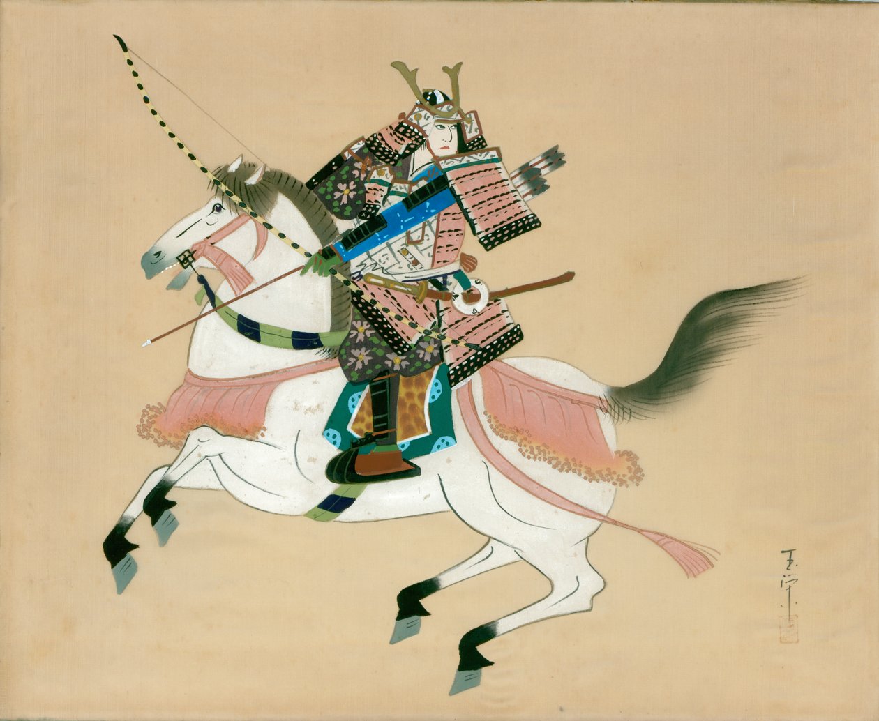 Samurai-Krieger auf einem Pferd. Ein japanisches Gemälde auf Seide im ...