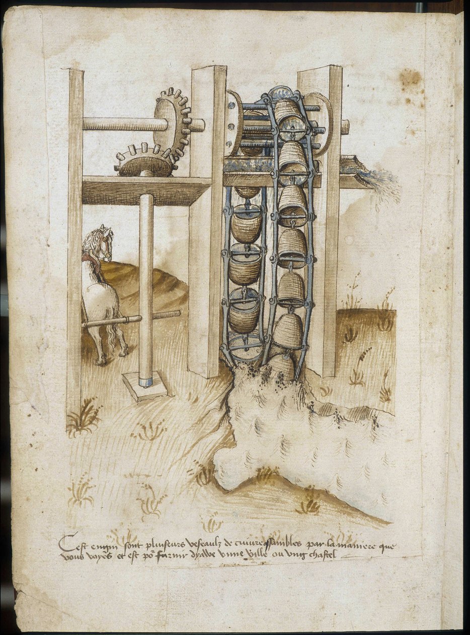 Mechanisches System mit einem Rad, das durch Pferdekraft angetrieben wird, um die Erde zu graben ...