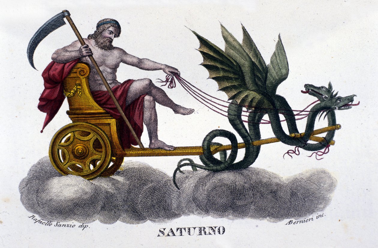 Der Gott Saturn (oder Kronos) auf einem von zwei Drachen gezogenen ...