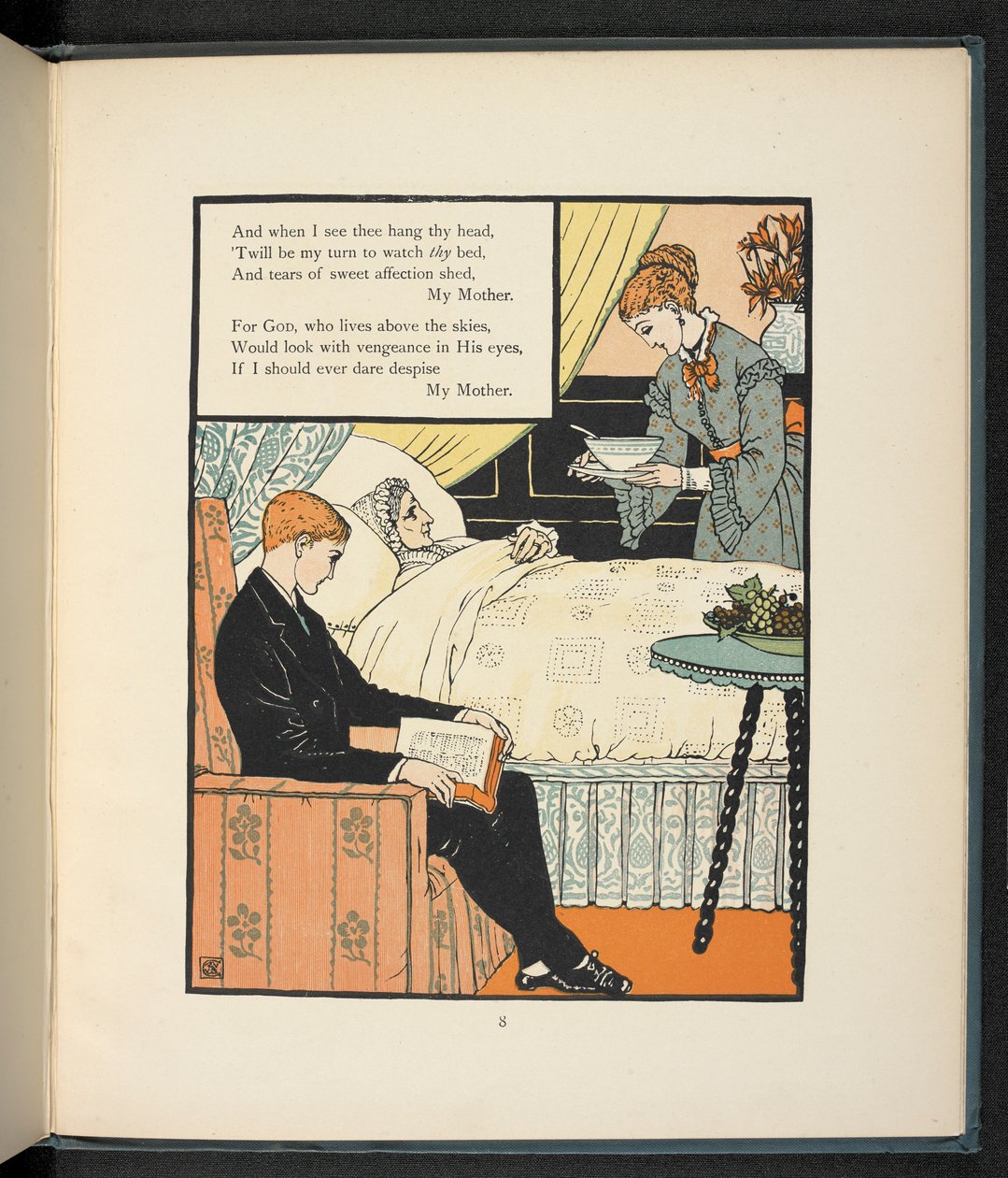 Ein junger Mann sitzt bei seiner Mutter, die im Bett liegt und Suppe isst