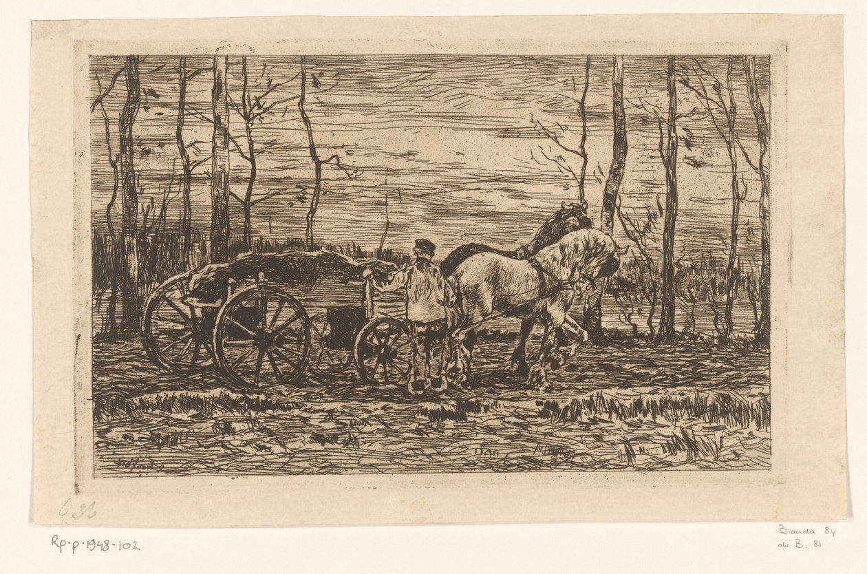 Wagen mit Brennholz, gezogen von zwei Pferden
