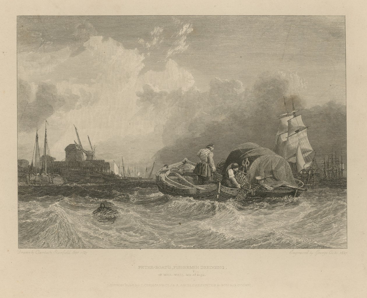 Peterboote Fischer beim Ausbaggern vor Millwall