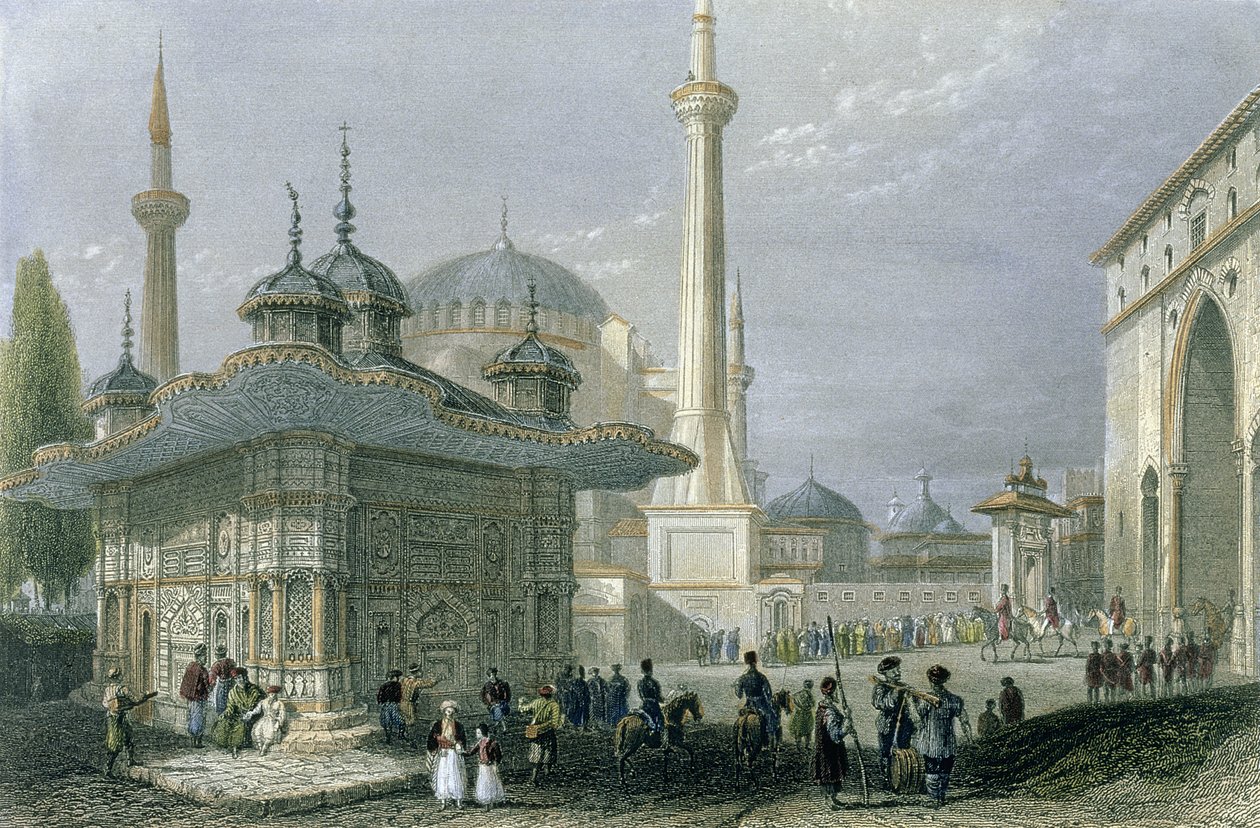Brunnen und Platz der Hagia Sophia, Istanbul, graviert von T. Higham ...