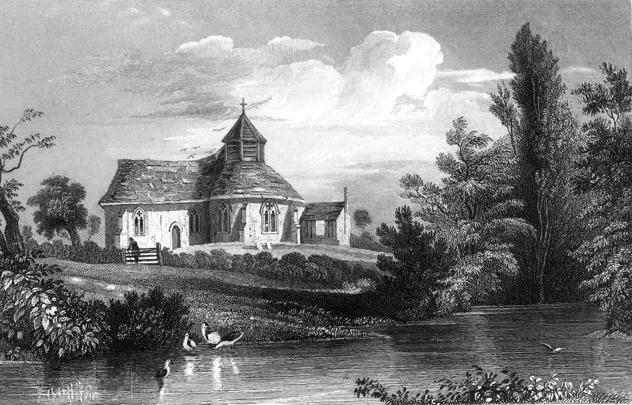 Little Maplestead Kirche, Essex, graviert von Henry Wallis, 1832