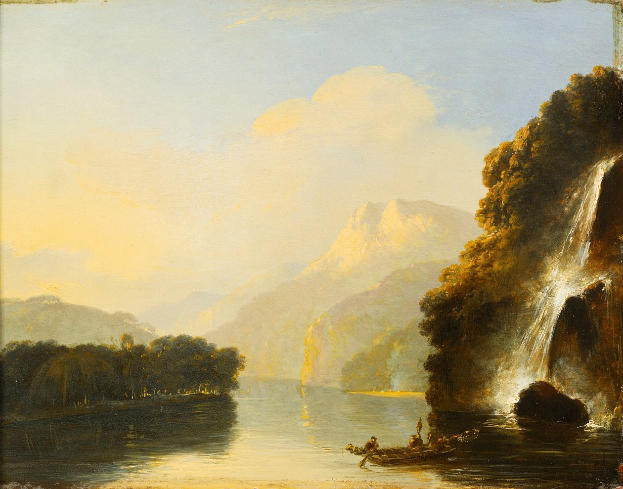 Wasserfall in der Dusky Bay mit einem Maori-Kanu