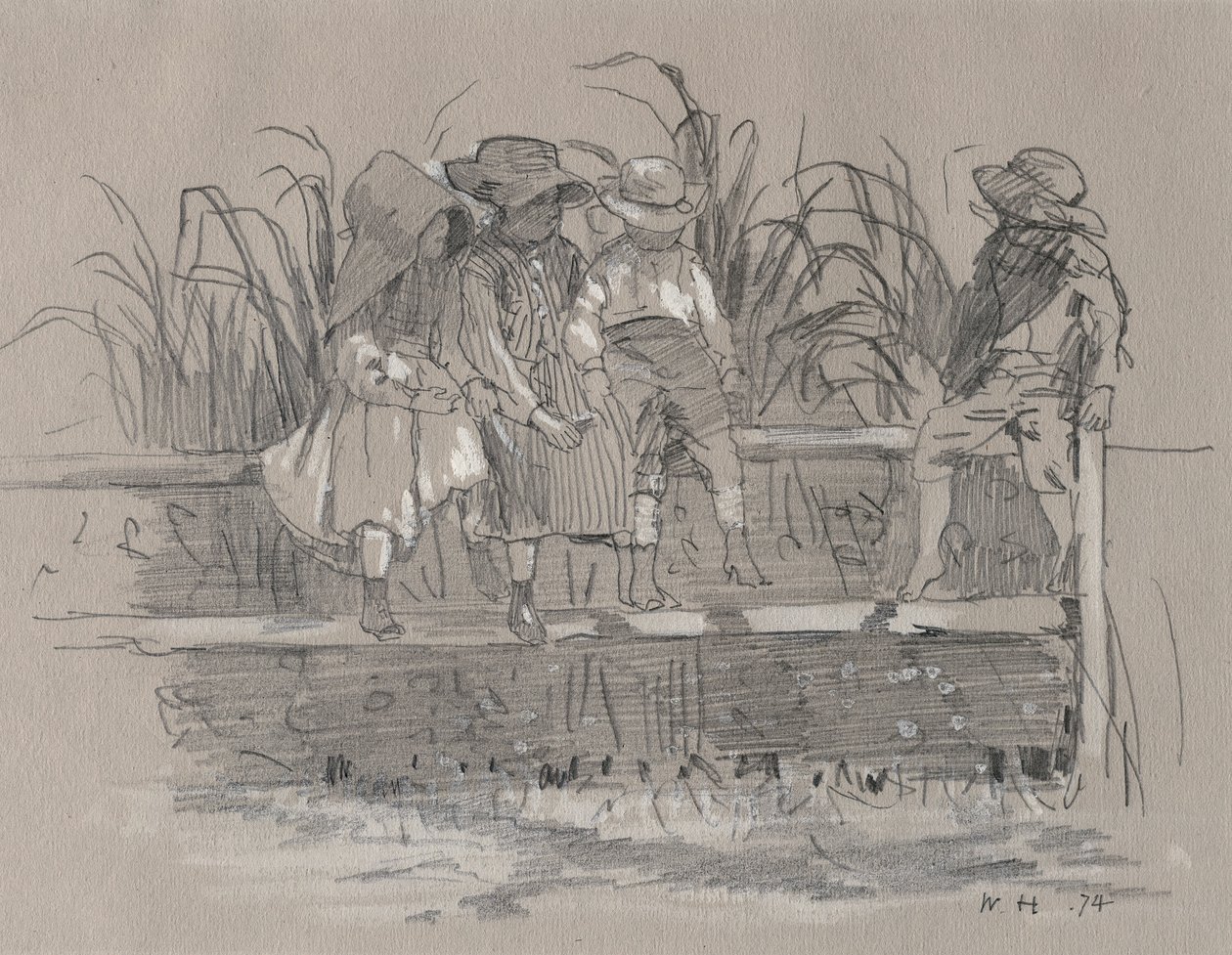 Kinder sitzen auf einem Zaun von Winslow Homer: Kunstdruck