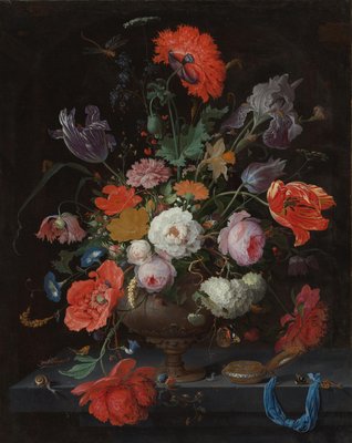 Stilleben mit Blumen und einer Uhr von Abraham Mignon