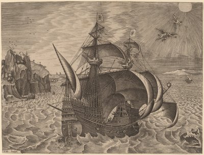 Bewaffneter Dreimaster mit Daedalus und Ikarus am Himmel