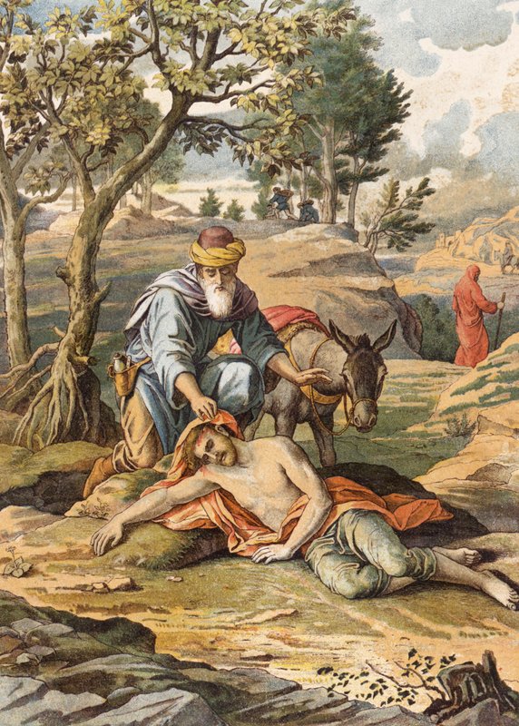 Der barmherzige Samariter (Farblithografie)